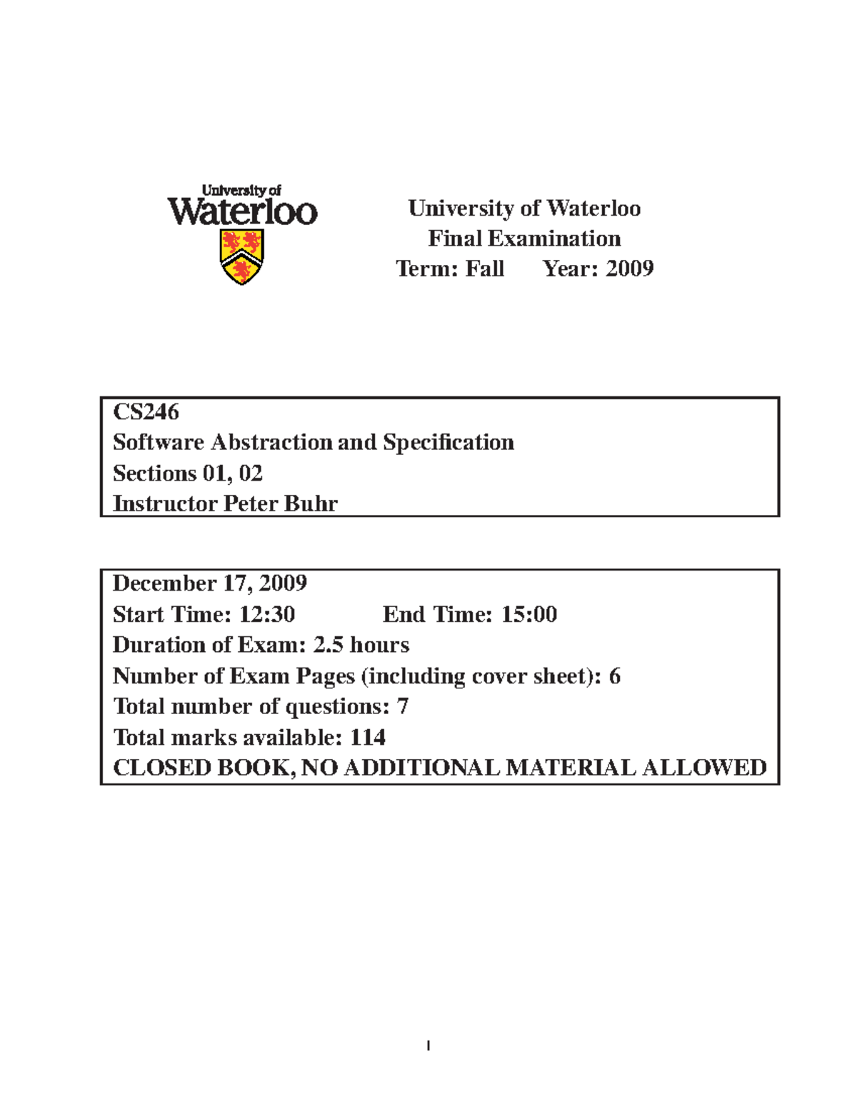 CS 246 2009 fall Final exam and solutions - University of Waterloo ...