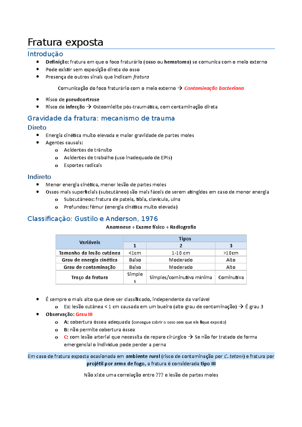 Fratura exposta - anotações da aula - Fratura exposta Introdução ...