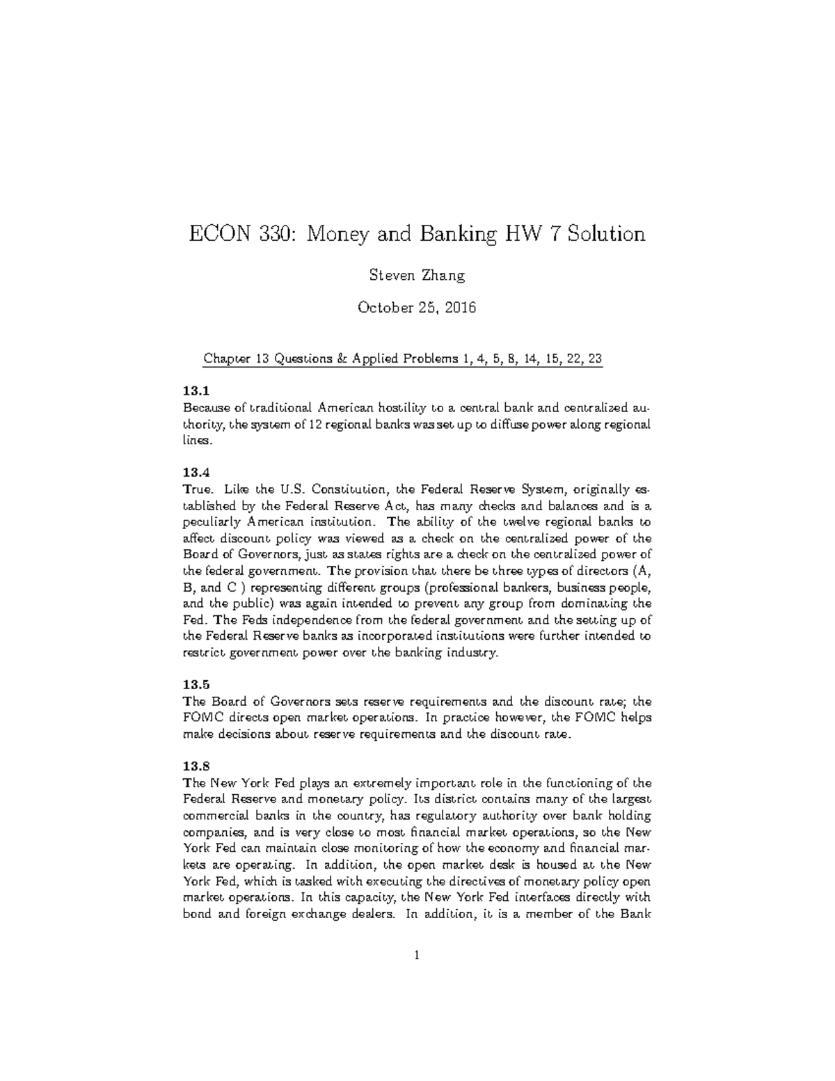 Econ330 hw7 sol - homework & solutions - ECON 330: Money and Banking HW ...