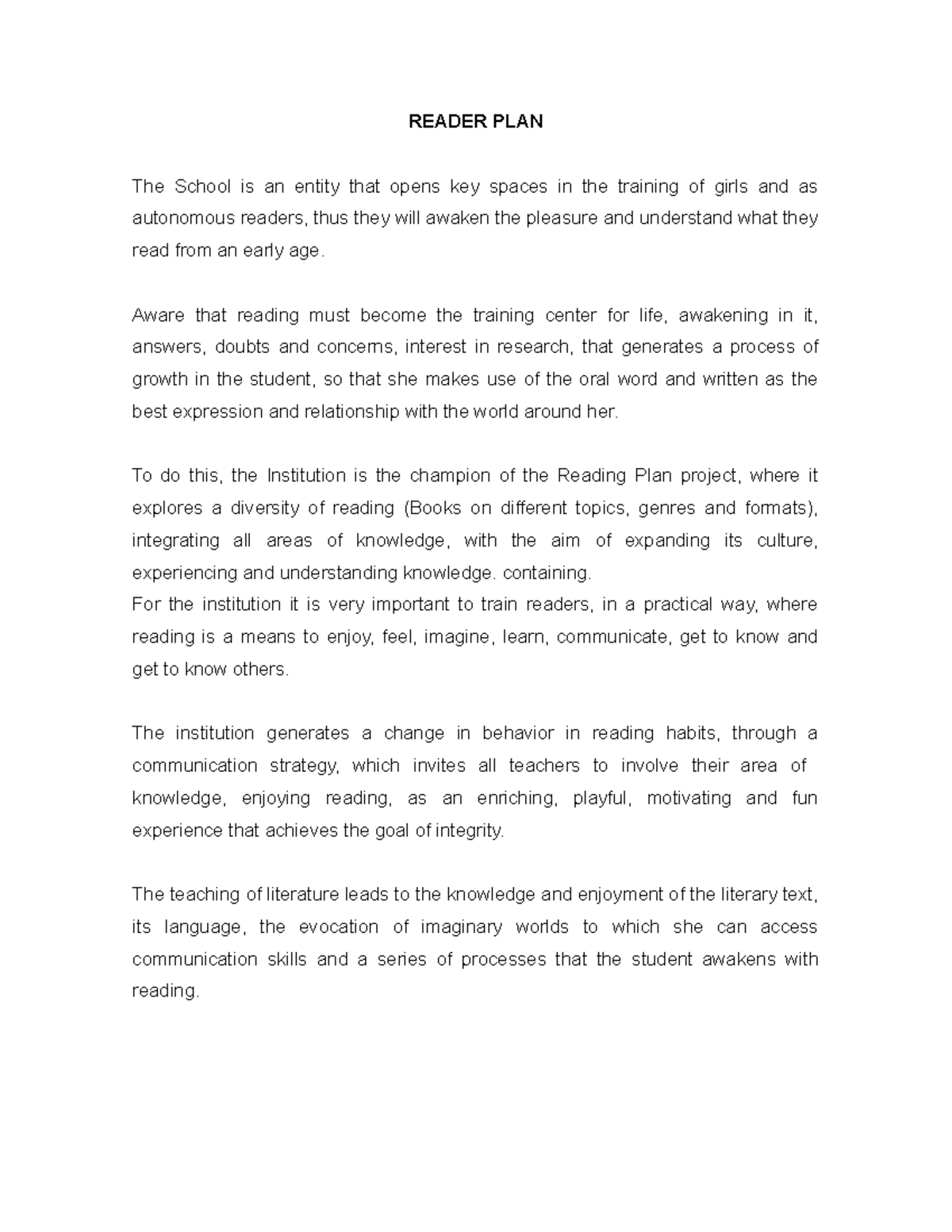 Reader PLAN - READER PLAN The School is an entity that opens key spaces ...