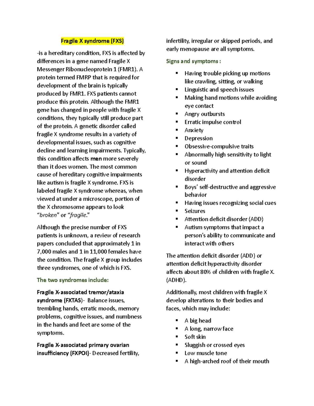 Fragile X Syndrome (FXS) - Fragile X syndrome (FXS) -is a hereditary ...