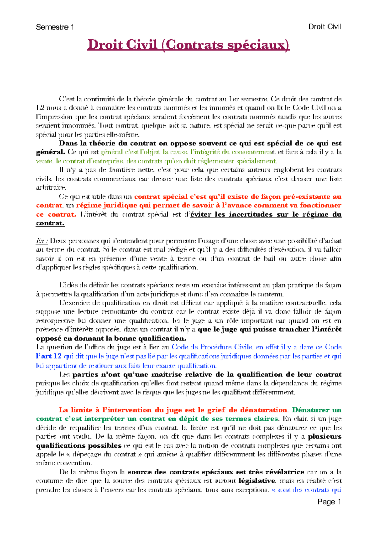 Droit Civil - Droit Civil Semestre 1 Droit Civil (Contrats spéciaux) C ...