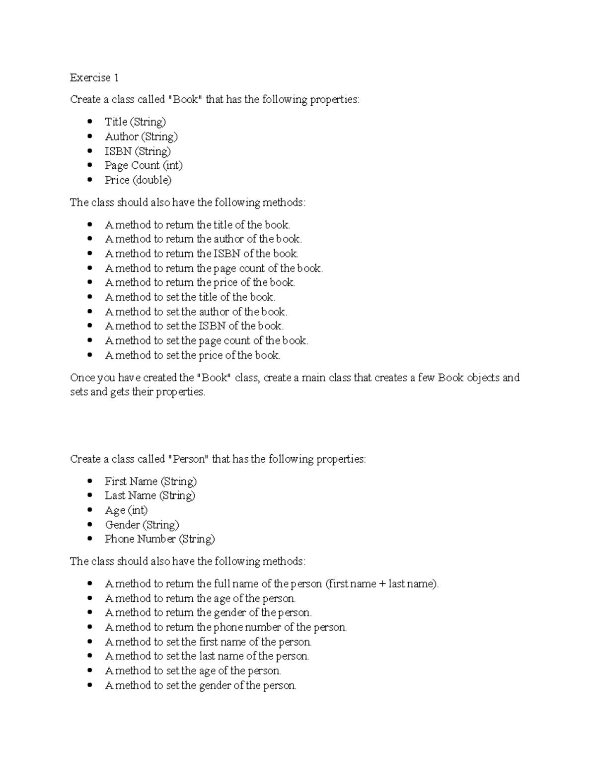 Exercise 1 - Exercise 1 Create a class called "Book" that has the ...