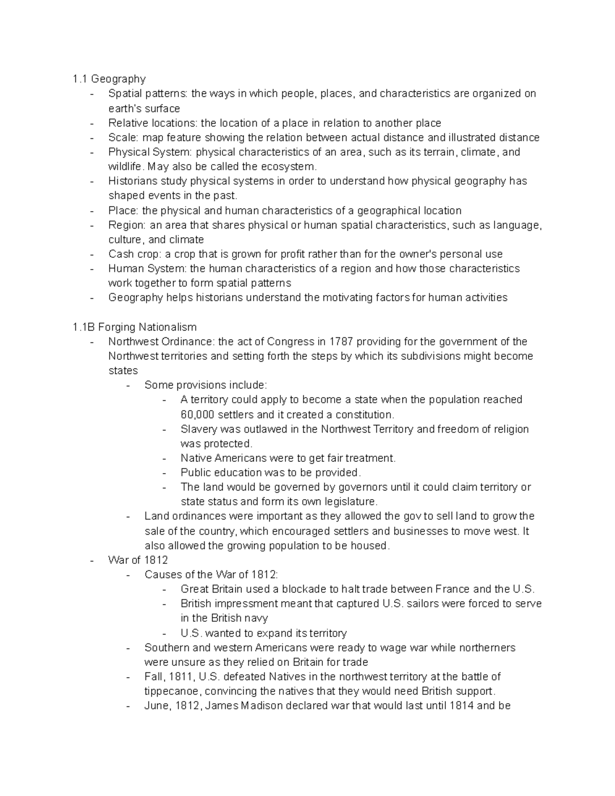 APUSH Full Lecture Notes - 1 Geography - Spatial patterns: the ways in ...