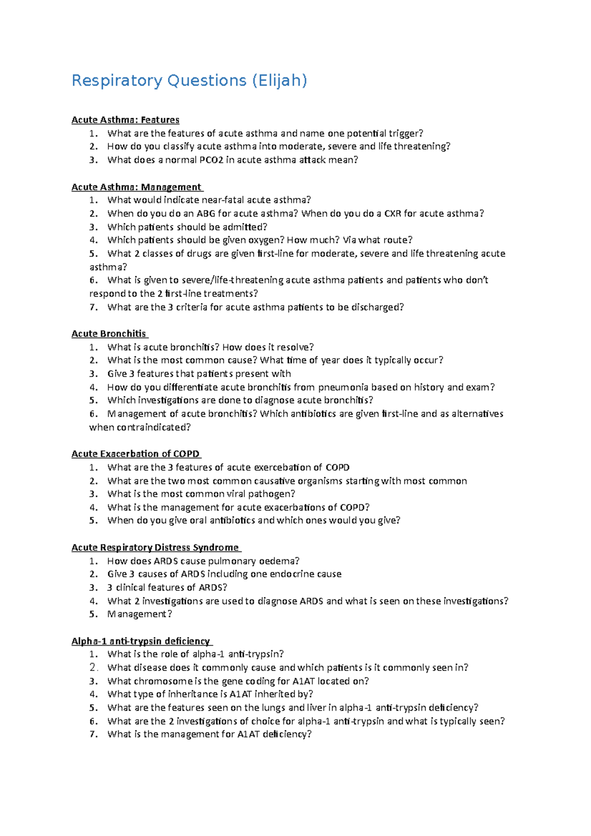 Respiratory Questions - What are the features of acute asthma and name ...