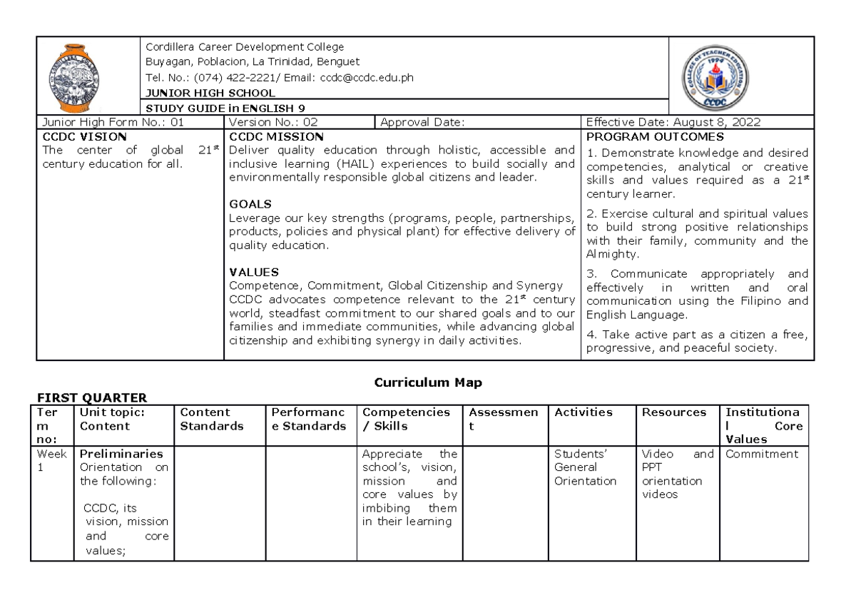 Curriculum Map Grade 9 English - Cordillera Career Development College ...