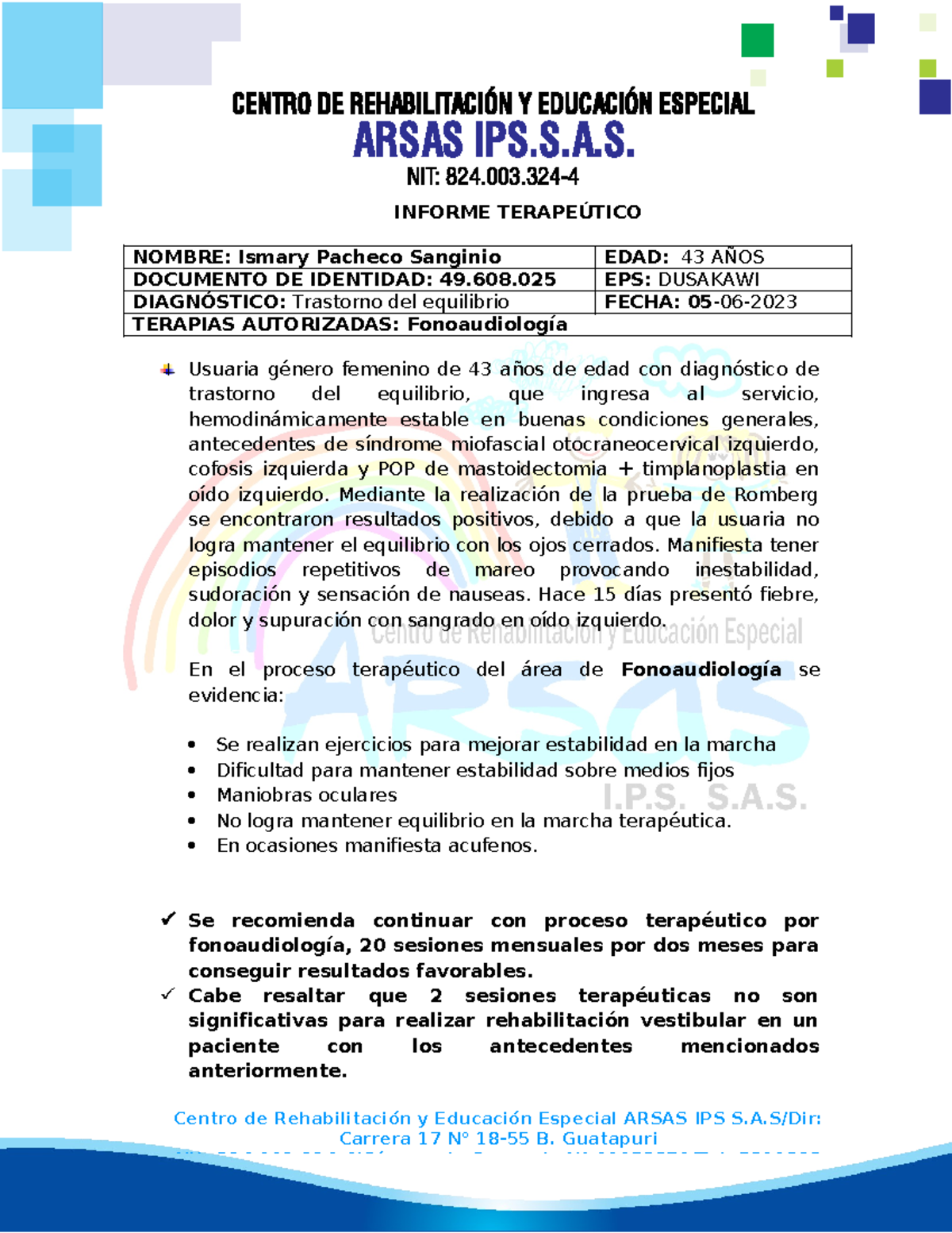 Informe Ismary Vertigo - Centro de Rehabilitación y Educación Especial ...