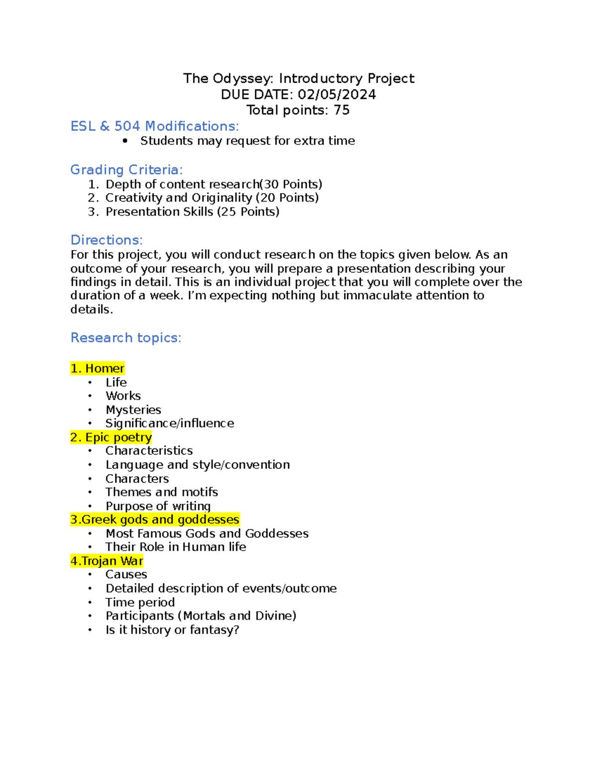 The Odyssey- Introductory Project - Depth of content research(30 Points ...