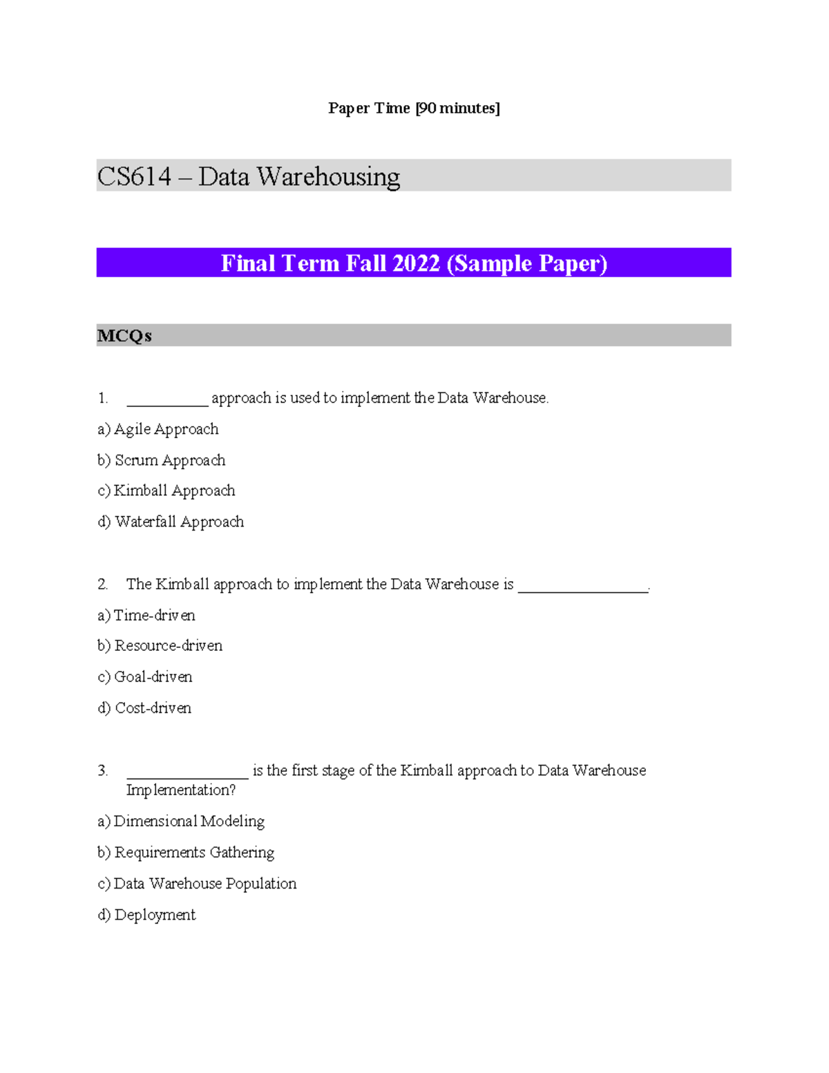 Paper Pattern-Sample Paper CS614 - Paper Time [90 minutes] CS 614 ...