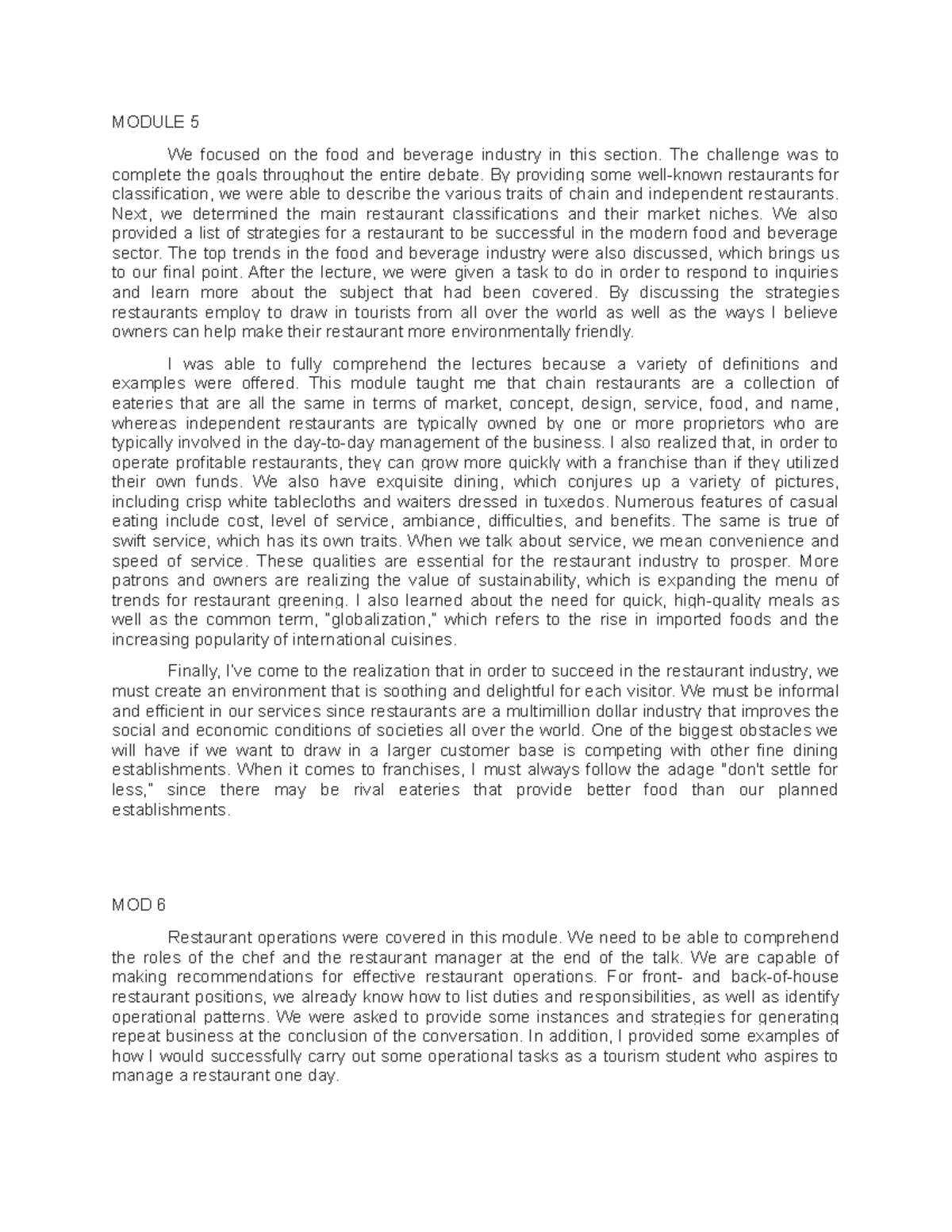 Narrative Report - ffffff - MODULE 5 We focused on the food and ...