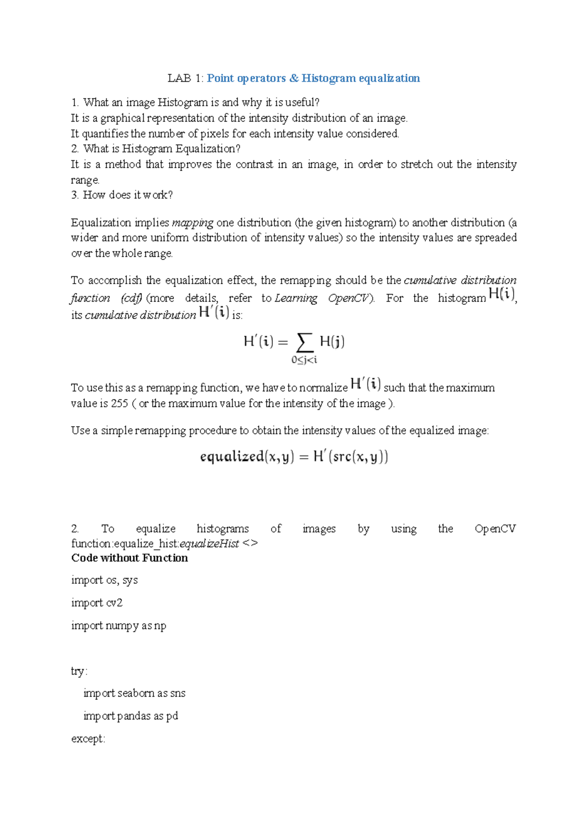 LAB 1 - ahdid - LAB 1: Point operators & Histogram equalization What an image Histogram is and ...