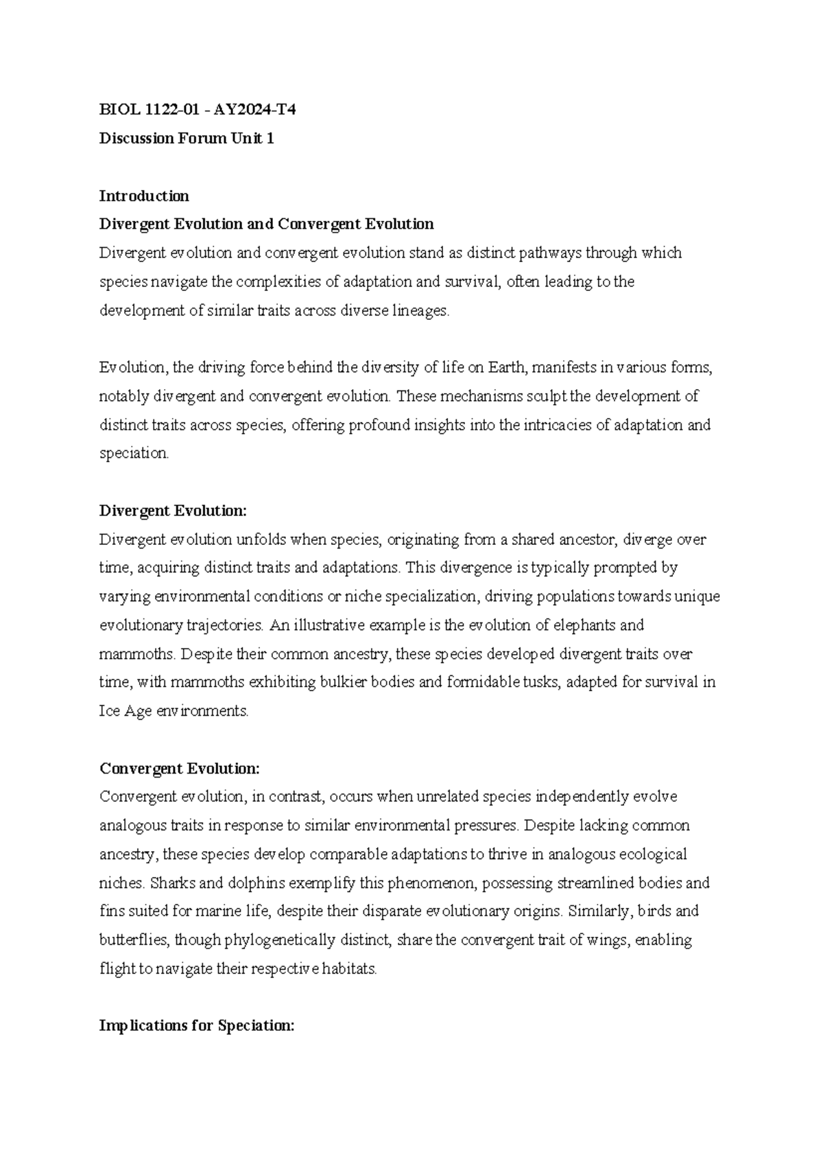 Discussion Forum Unit 1 - BIOL 1122-01 - AY2024-T Discussion Forum Unit ...