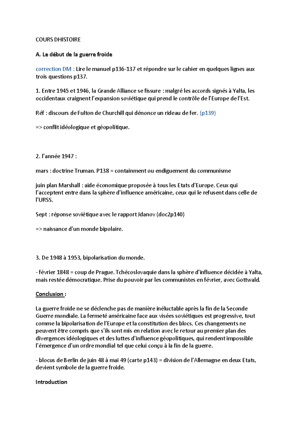 Cours Dhistoire - COURS DHISTOIRE A. Le début de la guerre froide ...