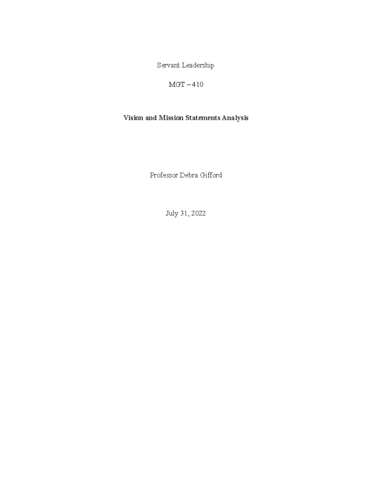 Group Vision and Mission Statements Analysis - Servant Leadership MGT ...