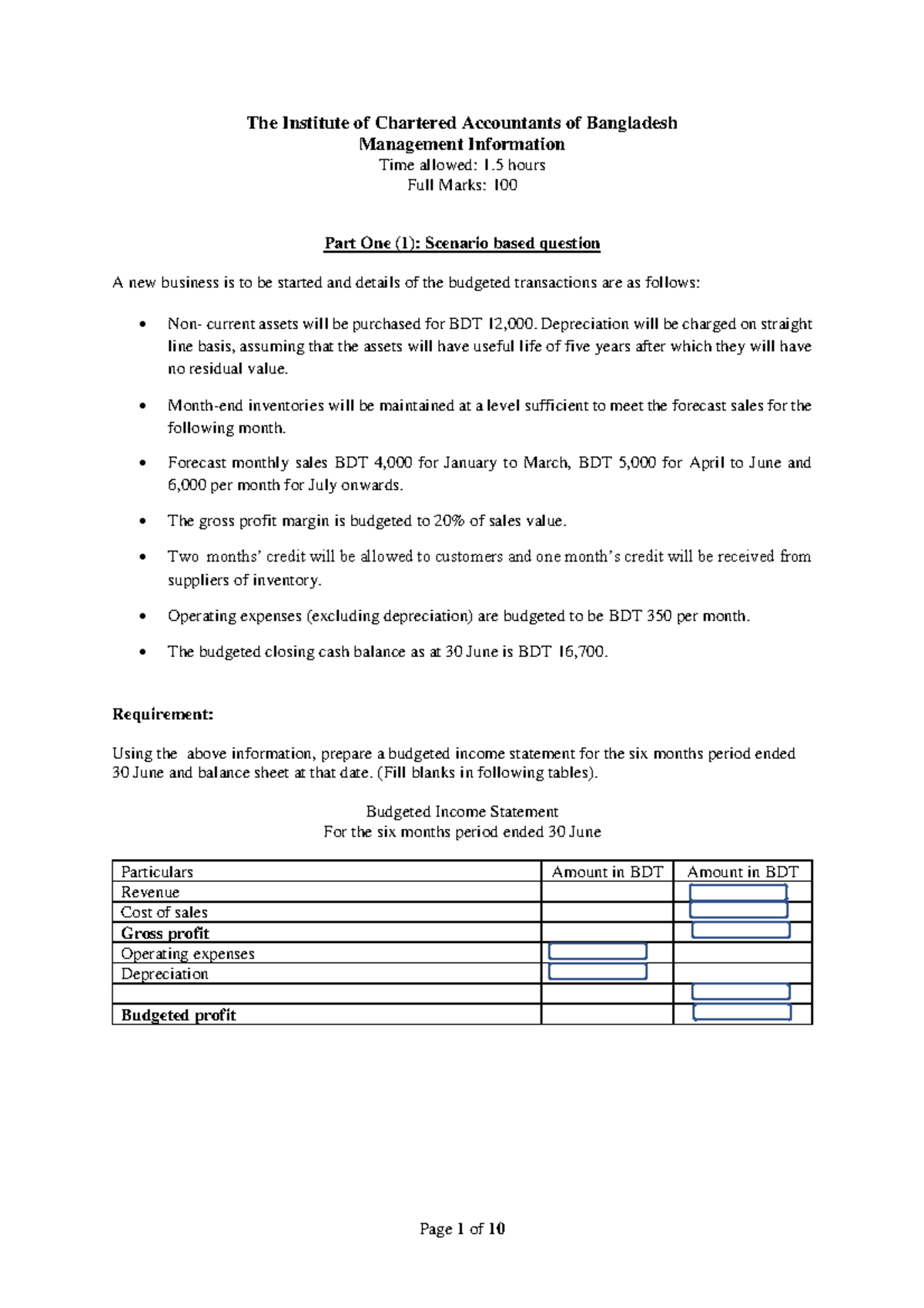 Management Information (certificate level) - Sample question - The ...