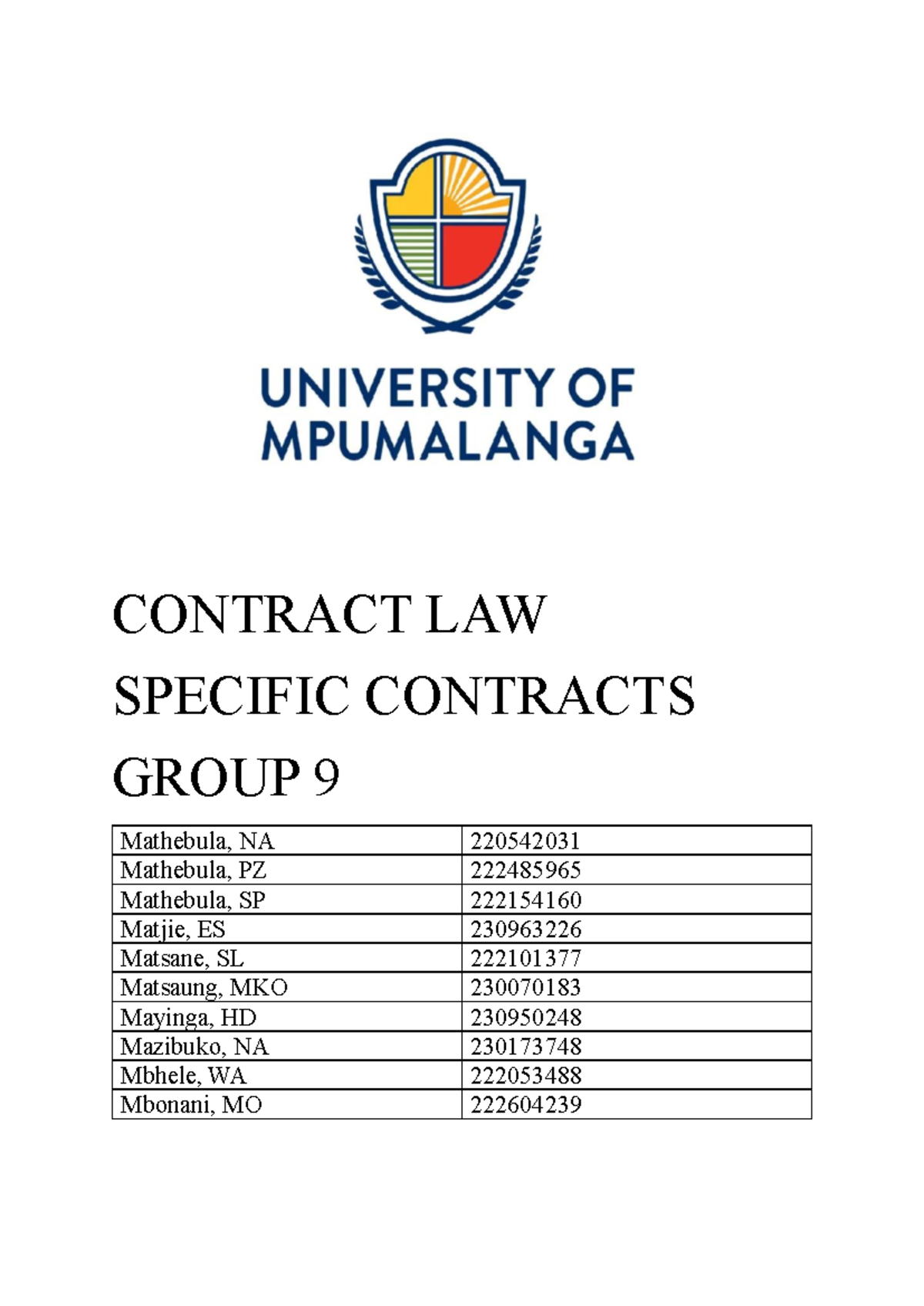 Specific Contracts Group Assignment - CONTRACT LAW GROUP SPECIFIC ...