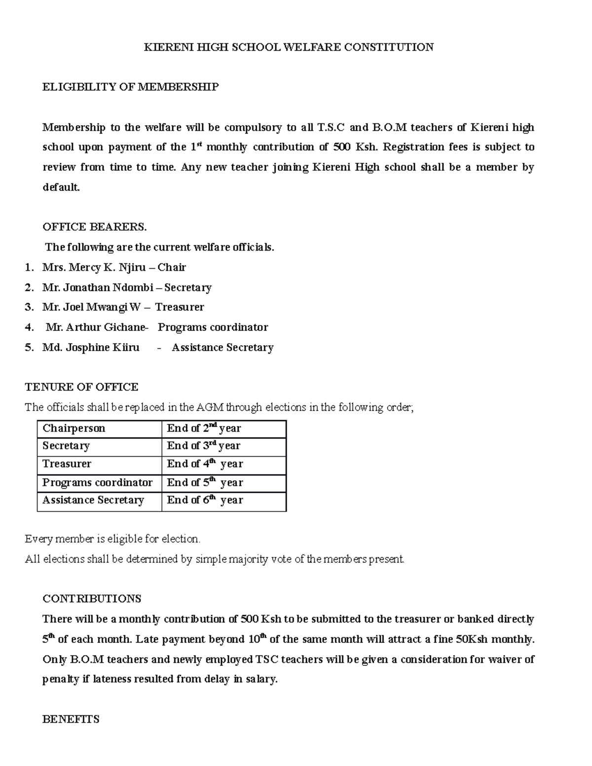 Welfare constitution - KIERENI HIGH SCHOOL WELFARE CONSTITUTION ELIGIBILITY OF MEMBERSHIP ...