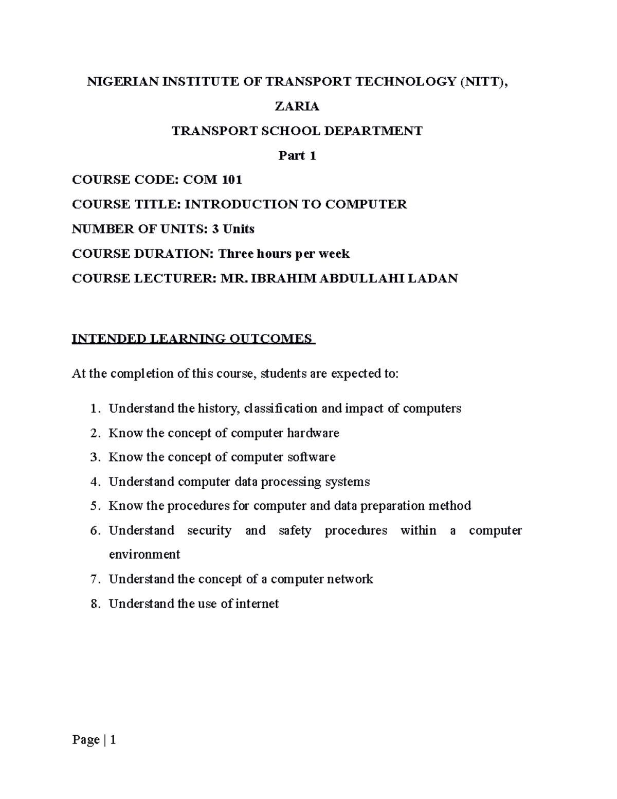 Introduction to computer part 1 - NIGERIAN INSTITUTE OF TRANSPORT ...