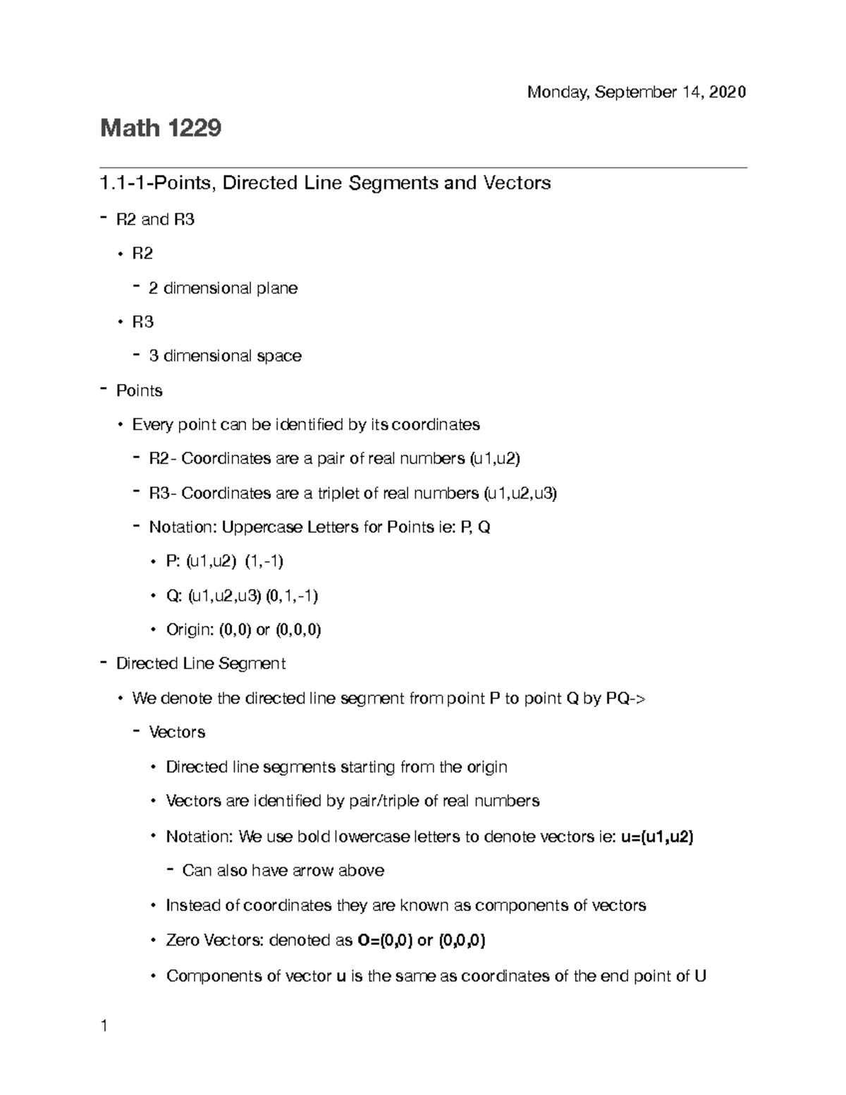 Math 1229 1.1 Week 1 Notes PDF - Math 1229 1-1-Points, Directed Line ...