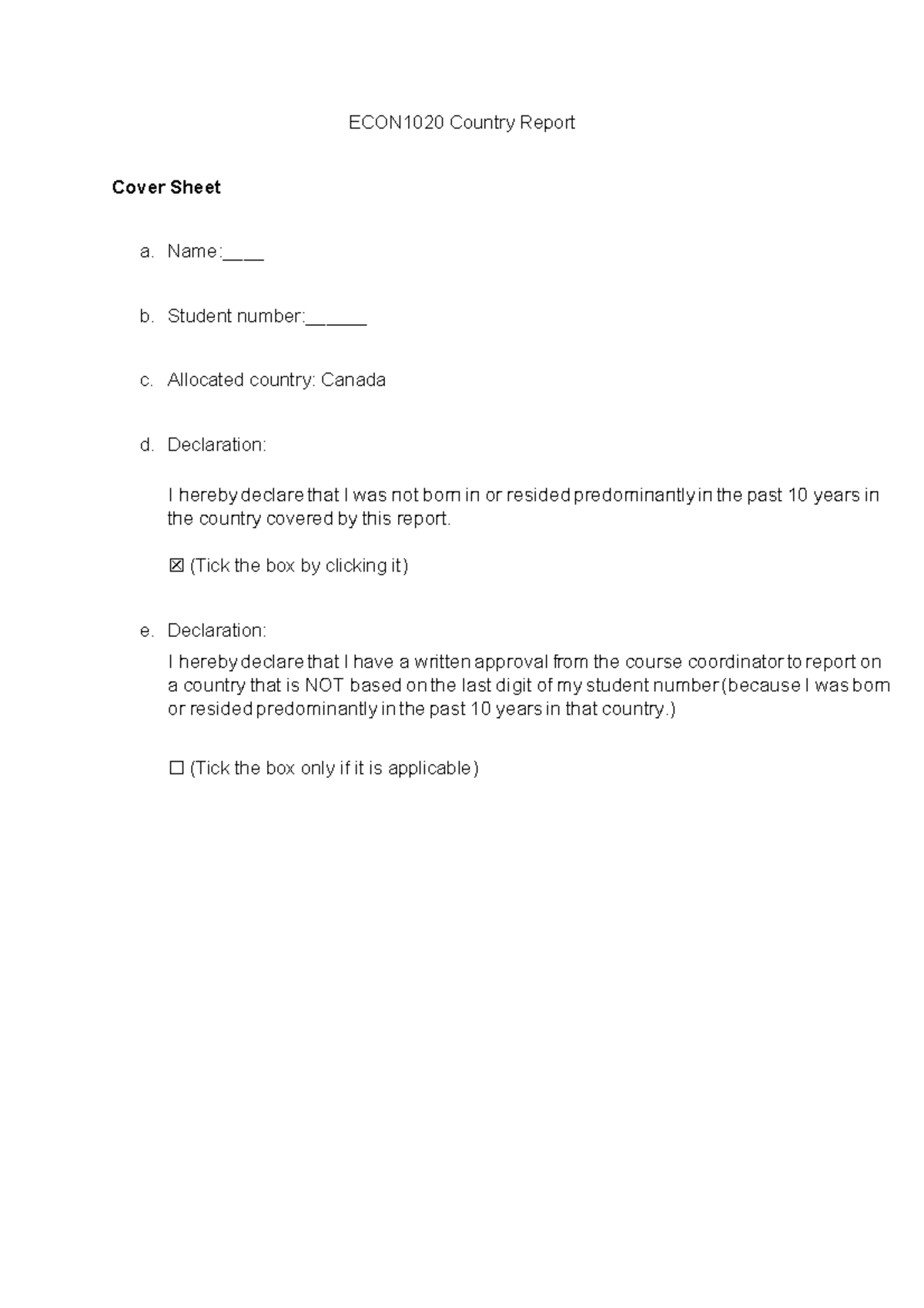Canada Country report draft - ECON1020 Country Report Cover Sheet a ...