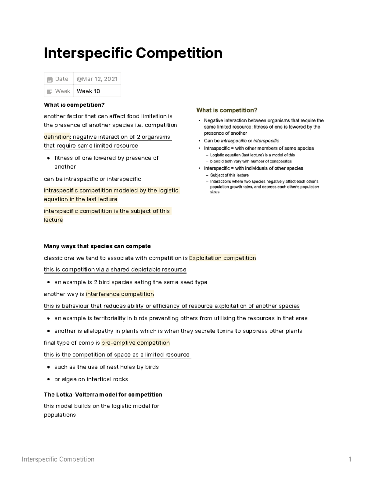 Interspecific Competition - Interspecific Competition Date Week Week 10 ...
