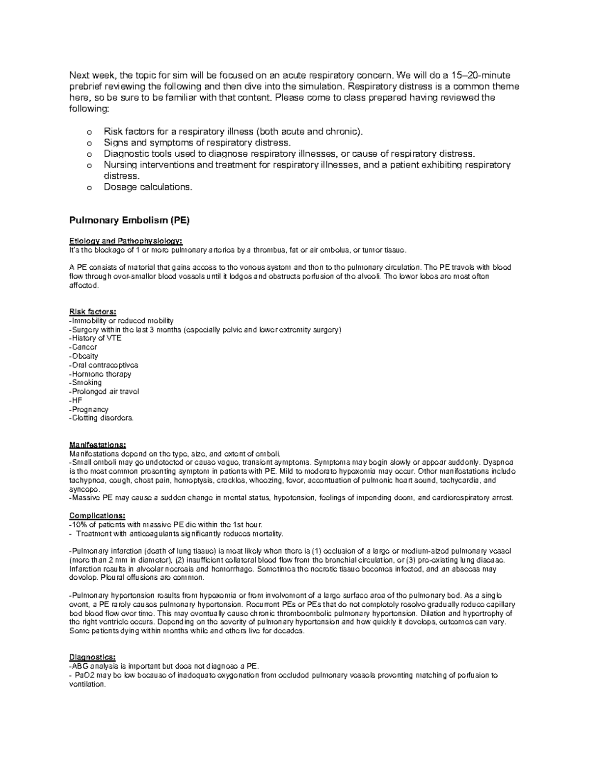 Respiratory Disease Notes - Next week, the topic for sim will be ...