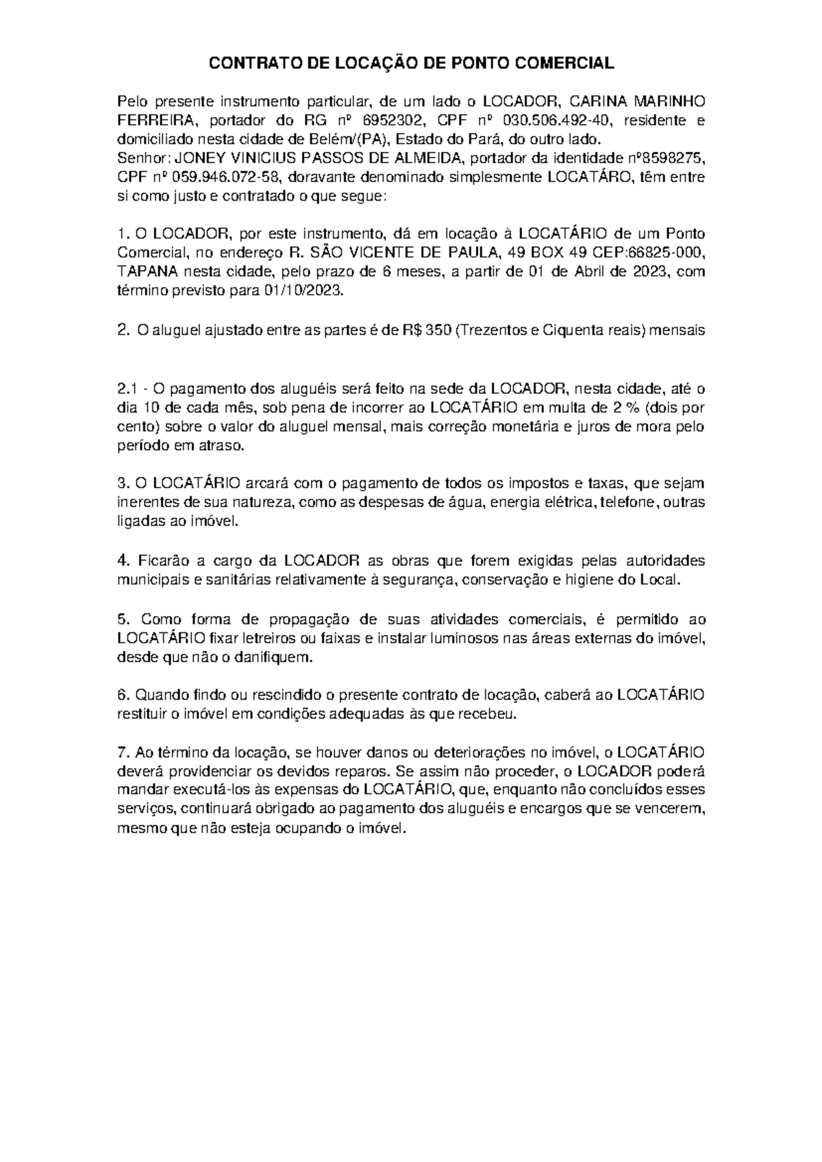 Contrato DE Locação DE Ponto Comercial - CONTRATO DE LOCAÇÃO DE PONTO ...