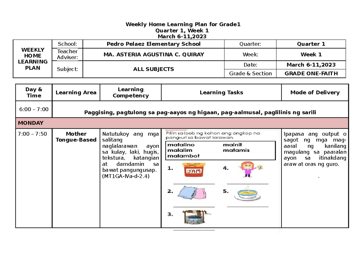 Weekly Home Learning Plan for Grade 1- Quiray - Weekly Home Learning Plan for Grade Quarter 1 ...