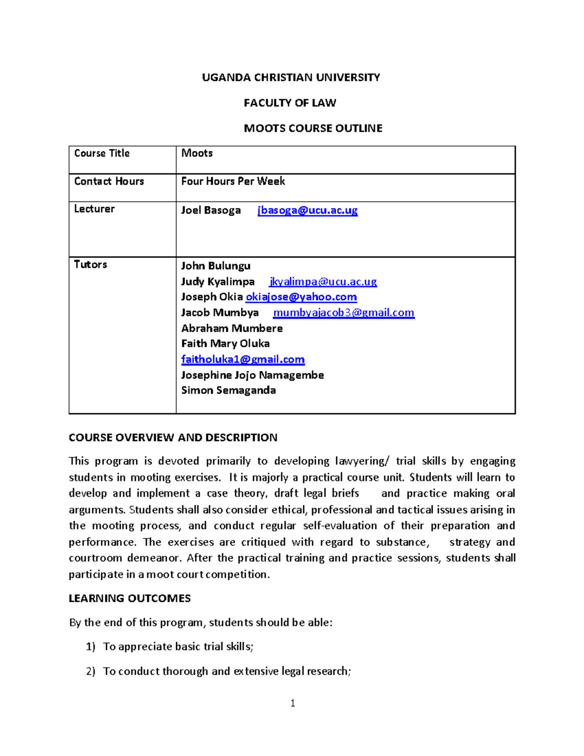 UCU Moots - draft Course Outline - UGANDA CHRISTIAN UNIVERSITY FACULTY ...