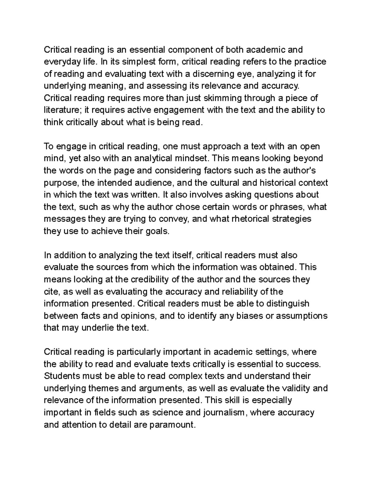 Critial reading - notes - Critical reading is an essential component of ...