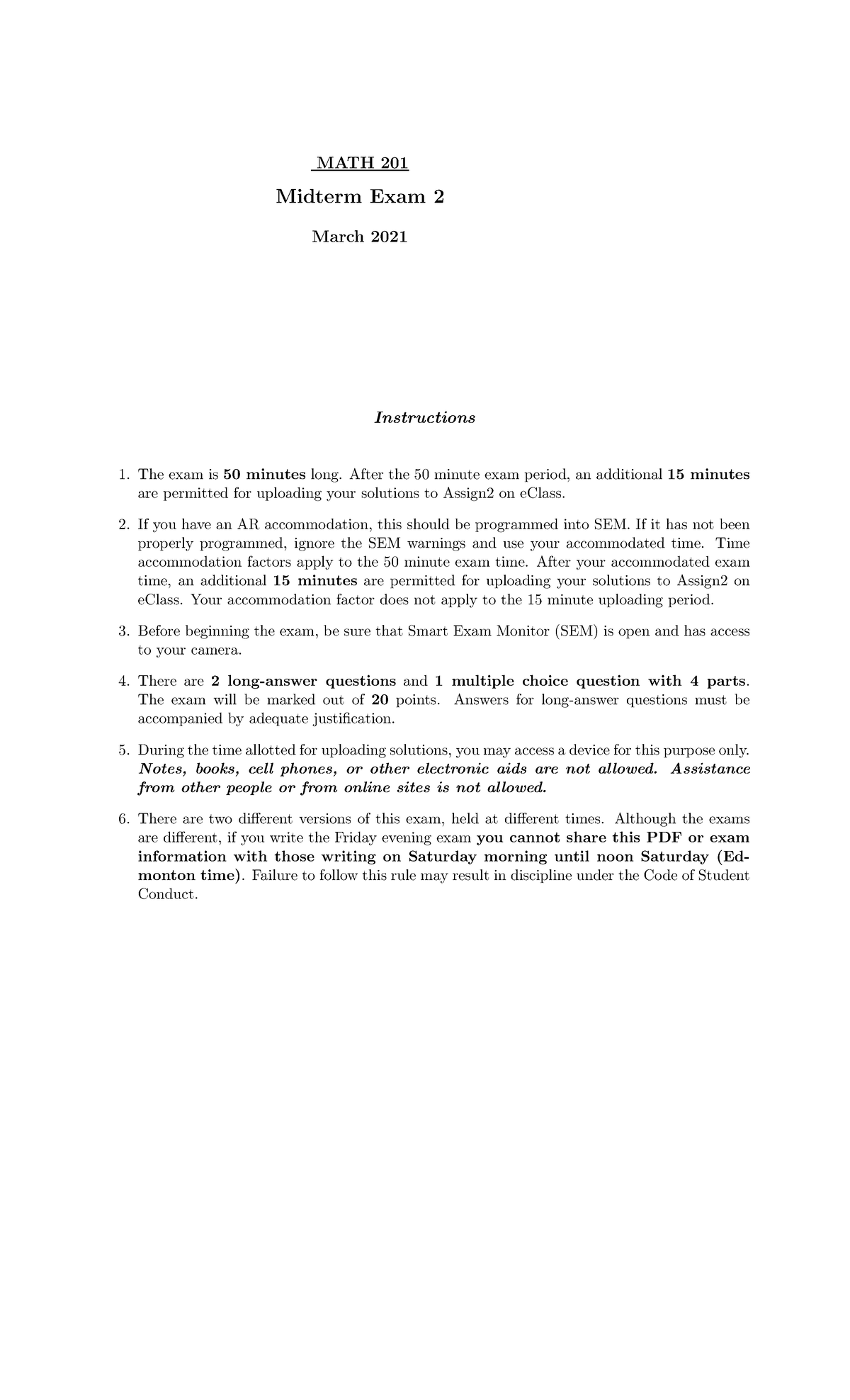 Midterm Two 2021 - MATH 201 Midterm Exam 2 March 2021 Instructions The ...
