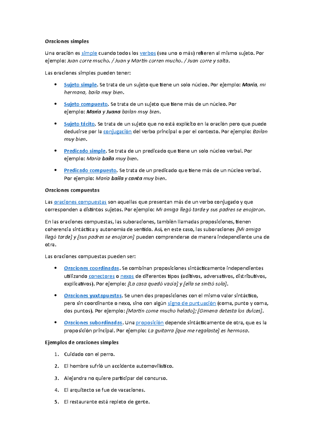 Ejemplos Oraciones simples y compuestas - Oraciones simples Una oración ...