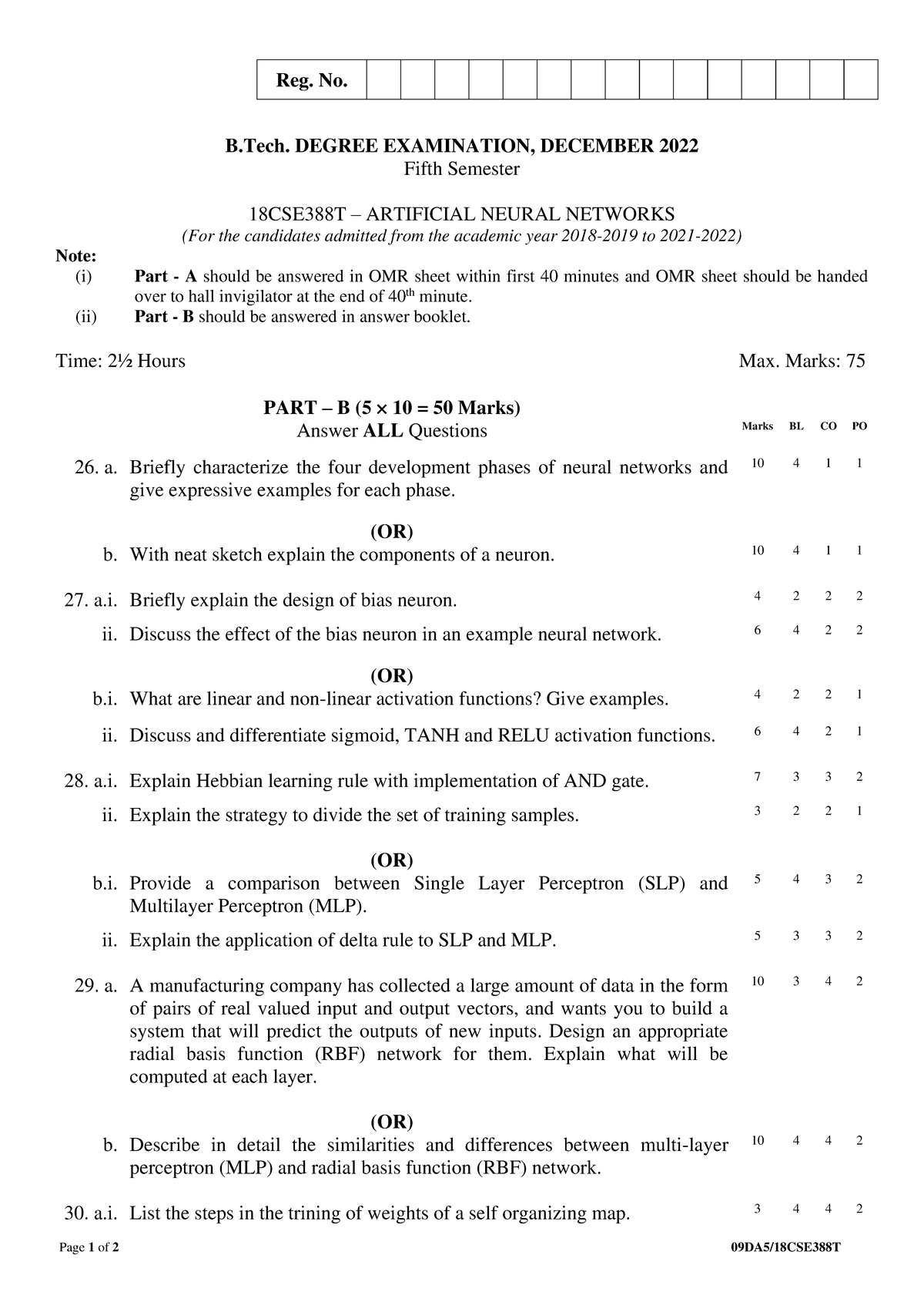 18CSE388T - University Question Paper - Page 1 of 2 09DA5/18CSE388T Reg ...