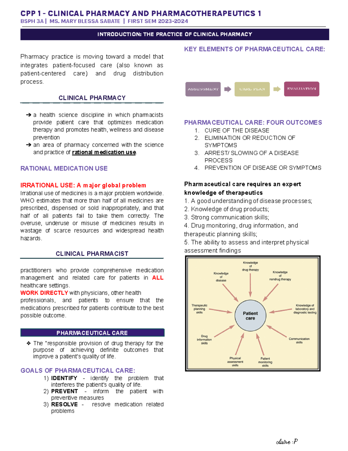CPP 1 Introduction - CPP 1 - CLINICAL PHARMACY AND PHARMACOTHERAPEUTICS ...