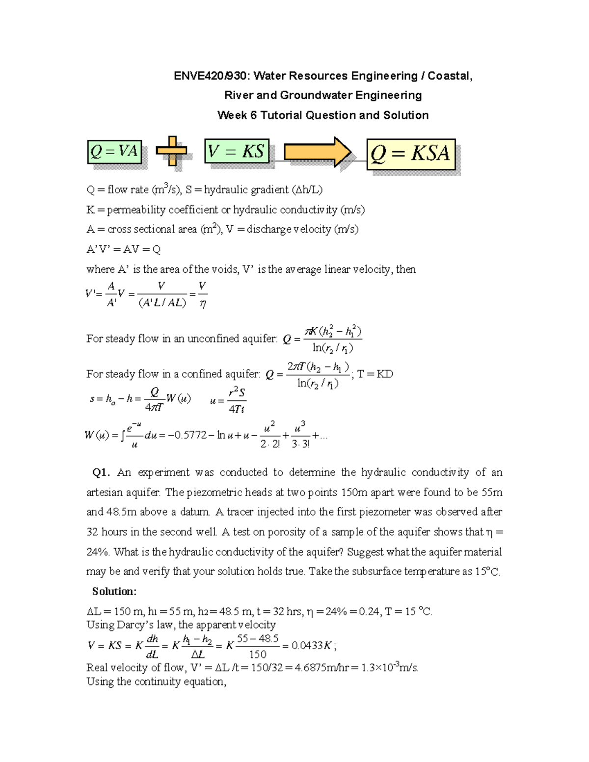 Week 6 Tutorial QA - ENVE420/930: Water Resources Engineering / Coastal, River and Groundwater ...