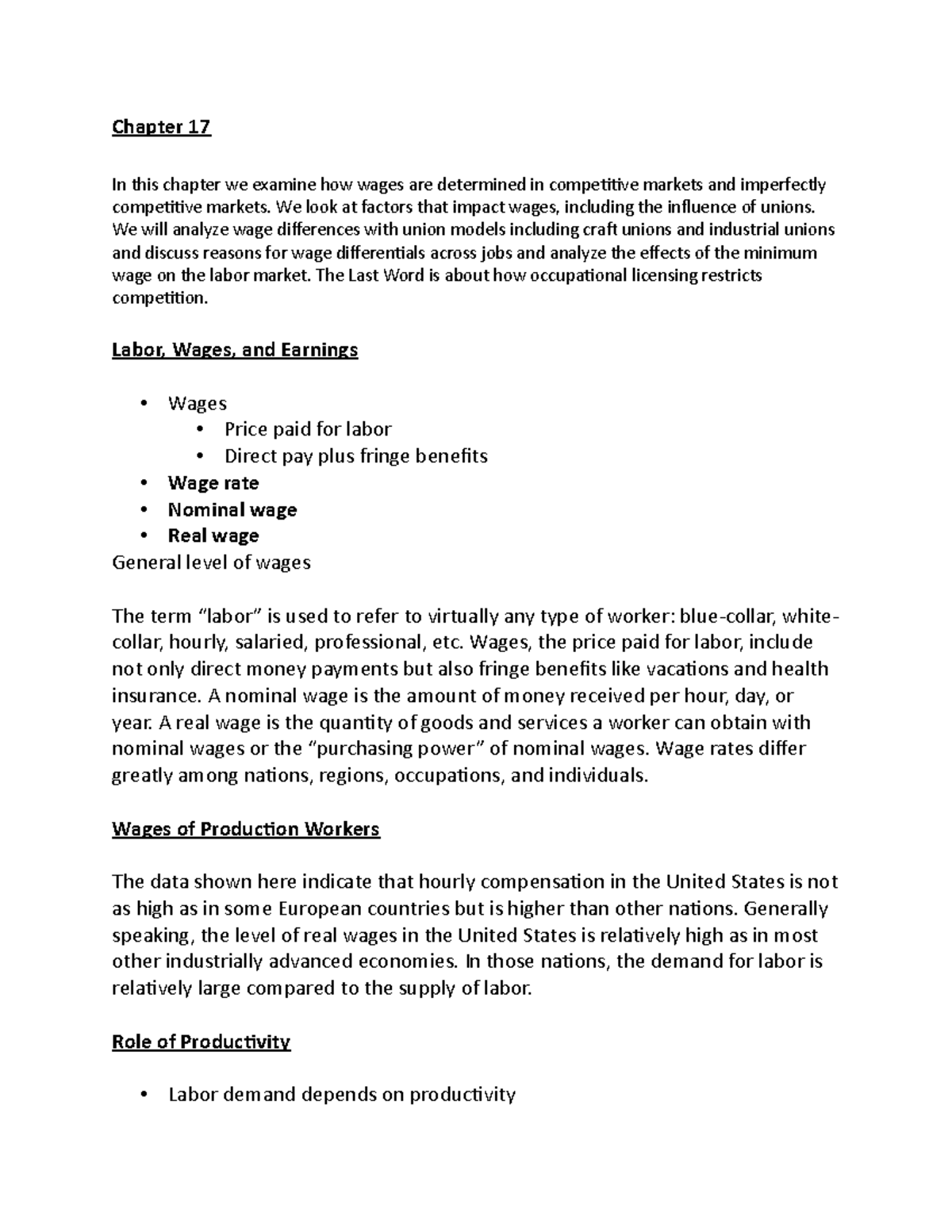 Chapter 17 - Labor, Wages, and Earnings - Chapter 17 In this chapter we ...