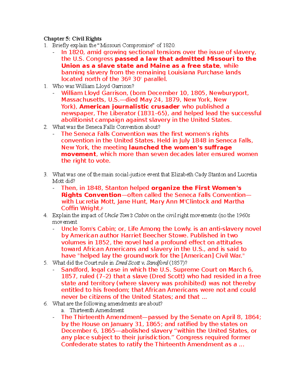 Study Guide for Mid-term - Chapter 5: Civil Rights Briefly explain the ...