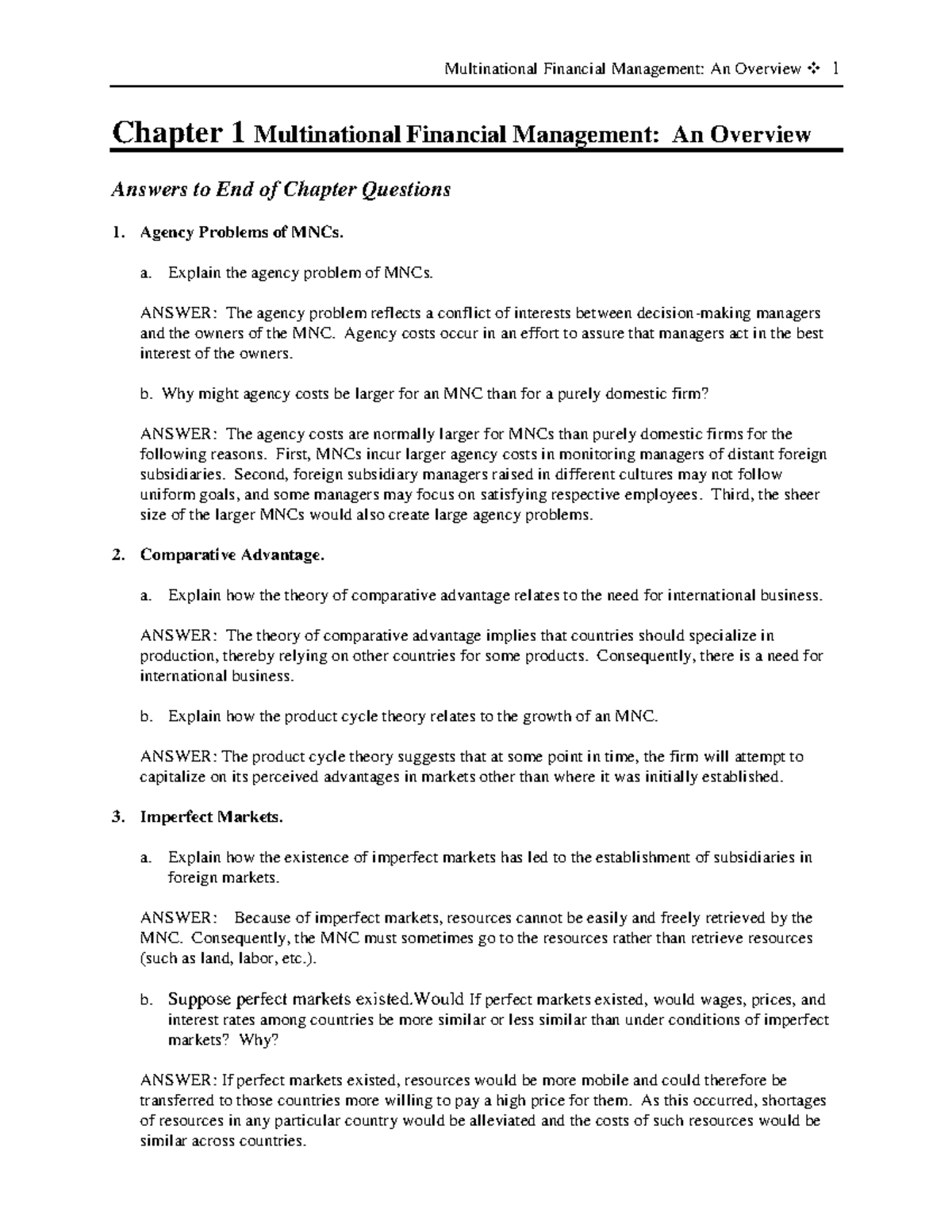 Ch01 sol - Chapter 1 Multinational Financial Management: An Overview Answers to End of Chapter ...