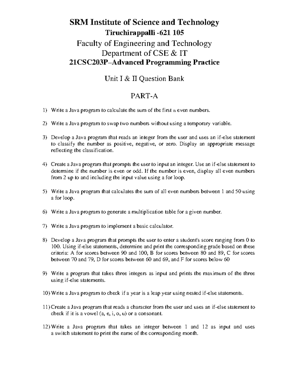 Unit I&II APP Question Bank - SRM Institute of Science and Technology ...