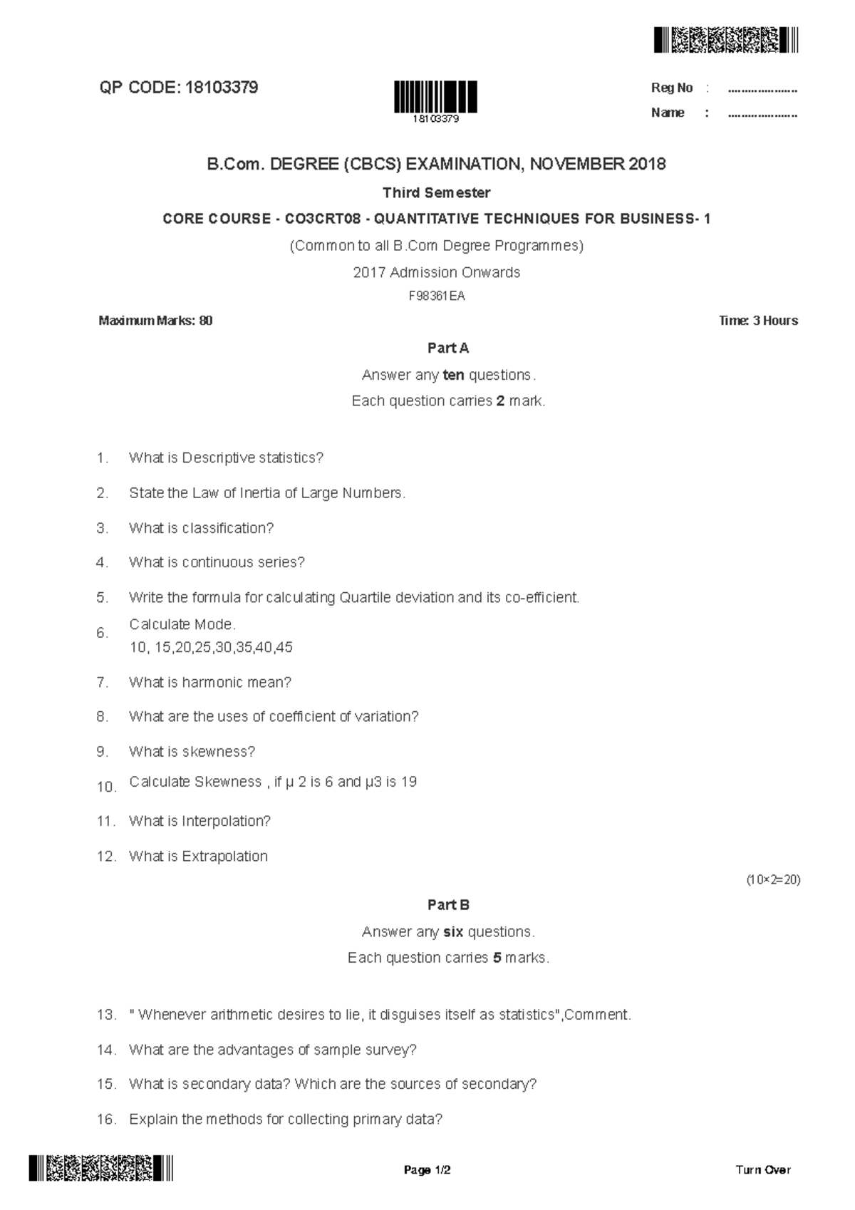 QT-I Nov 2018 - Question paper - QP CODE: 18103379 Reg No : ..................... Name : - Studocu