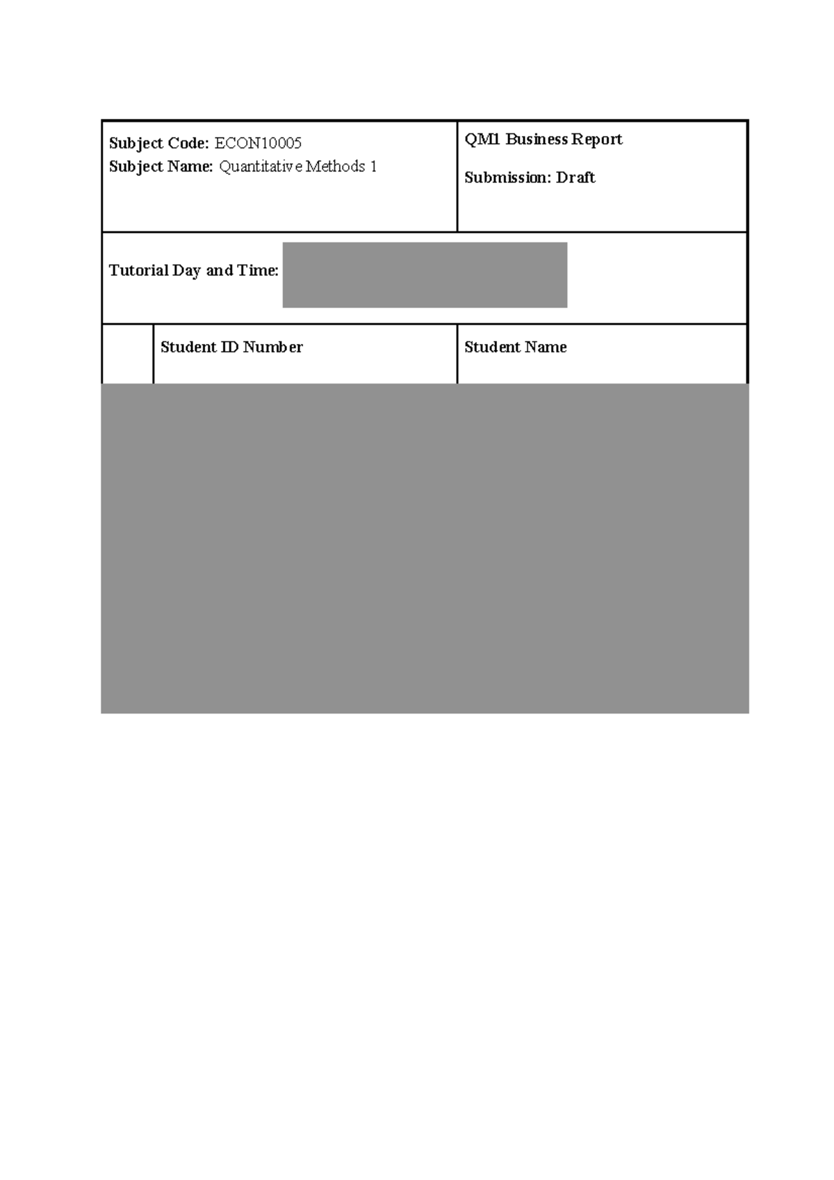 Group Assignment 1 - Subject Code: ECON Subject Name: Quantitative Methods 1 QM1 Business Report ...