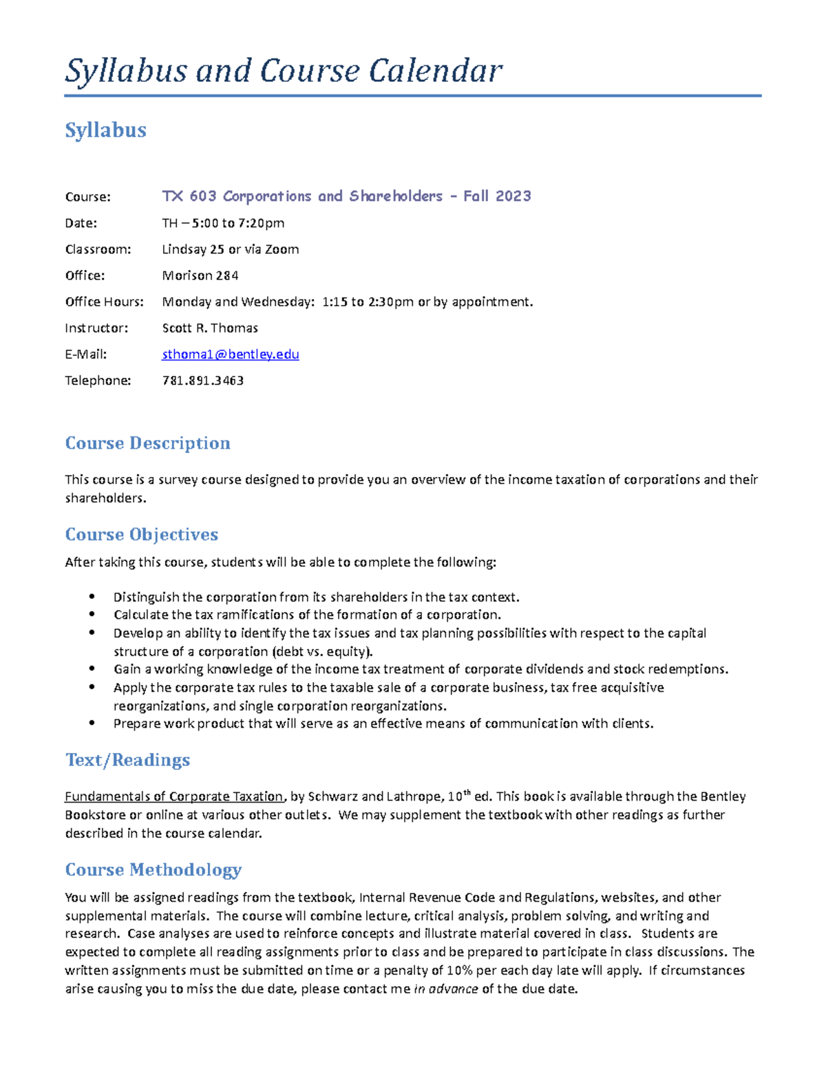 TX 603 Syllabus - Fall 2023 - Syllabus and Course Calendar Syllabus ...