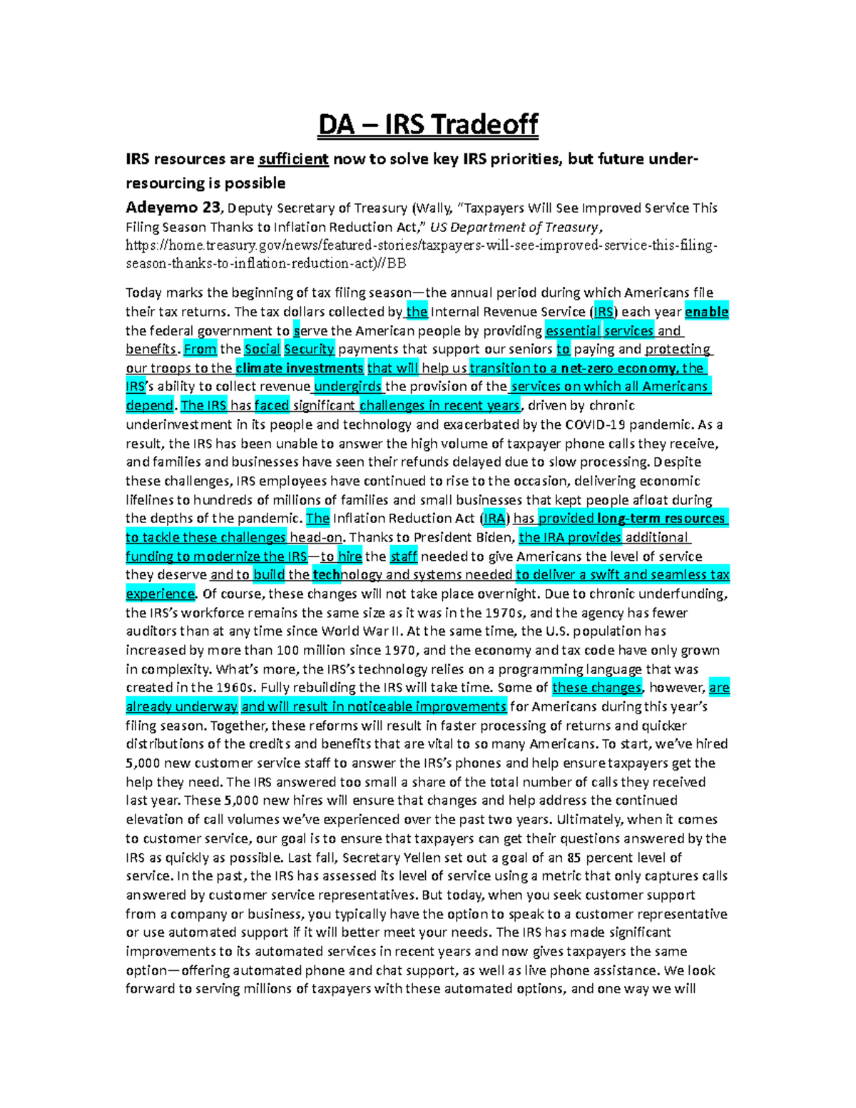 1NC debate round - DA – IRS Tradeoff IRS resources are sufficient now ...