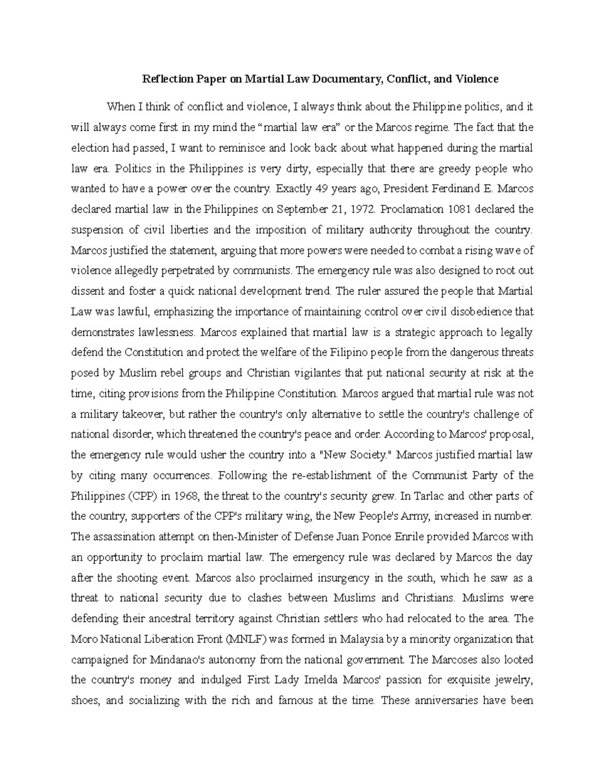 Reflection paper- conflict and violence - Reflection Paper on Martial ...