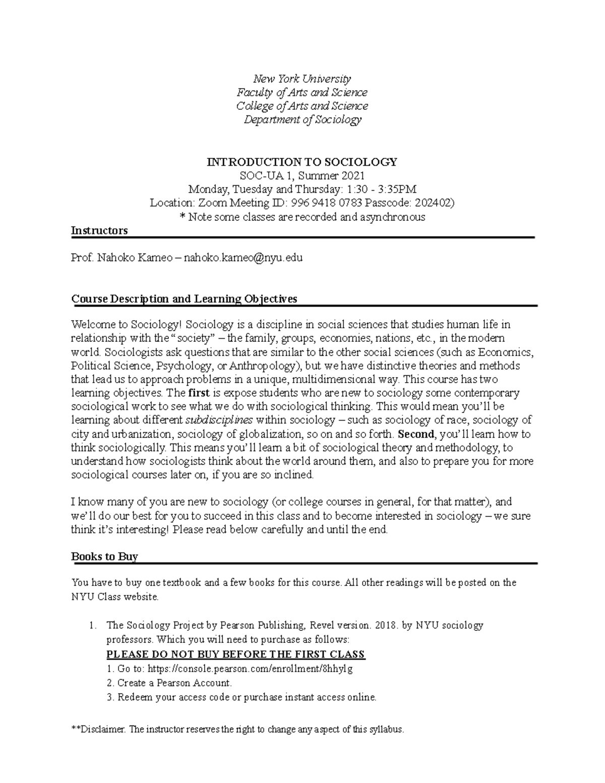 Intro to Sociology Syllabus - New York University Faculty of Arts and ...
