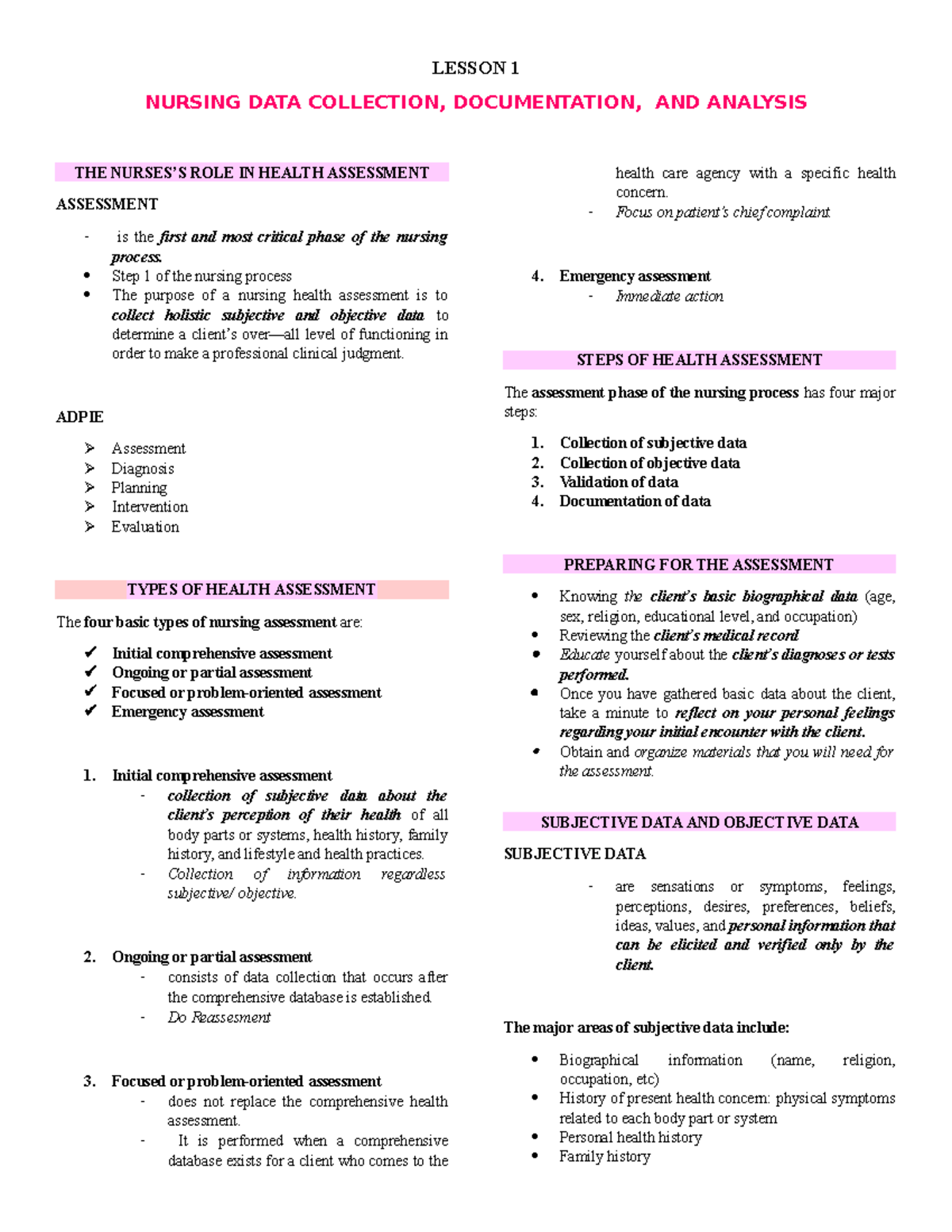 HA1 - ... - LESSON 1 NURSING DATA COLLECTION, DOCUMENTATION, AND ...