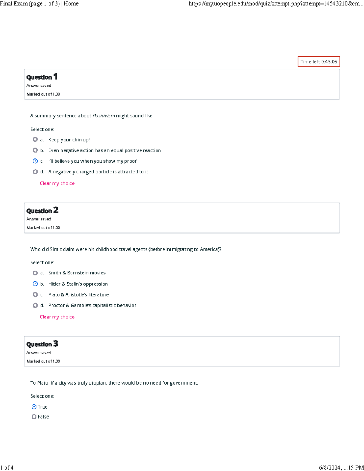 Final Exam (page 1 of 3) Home - Answer saved Marked out of 1. Answer ...