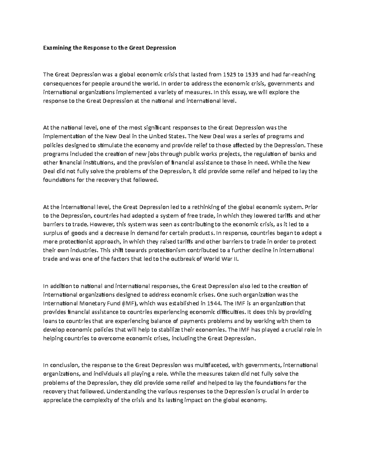 Examining the Response to the Great Depression - In order to address ...