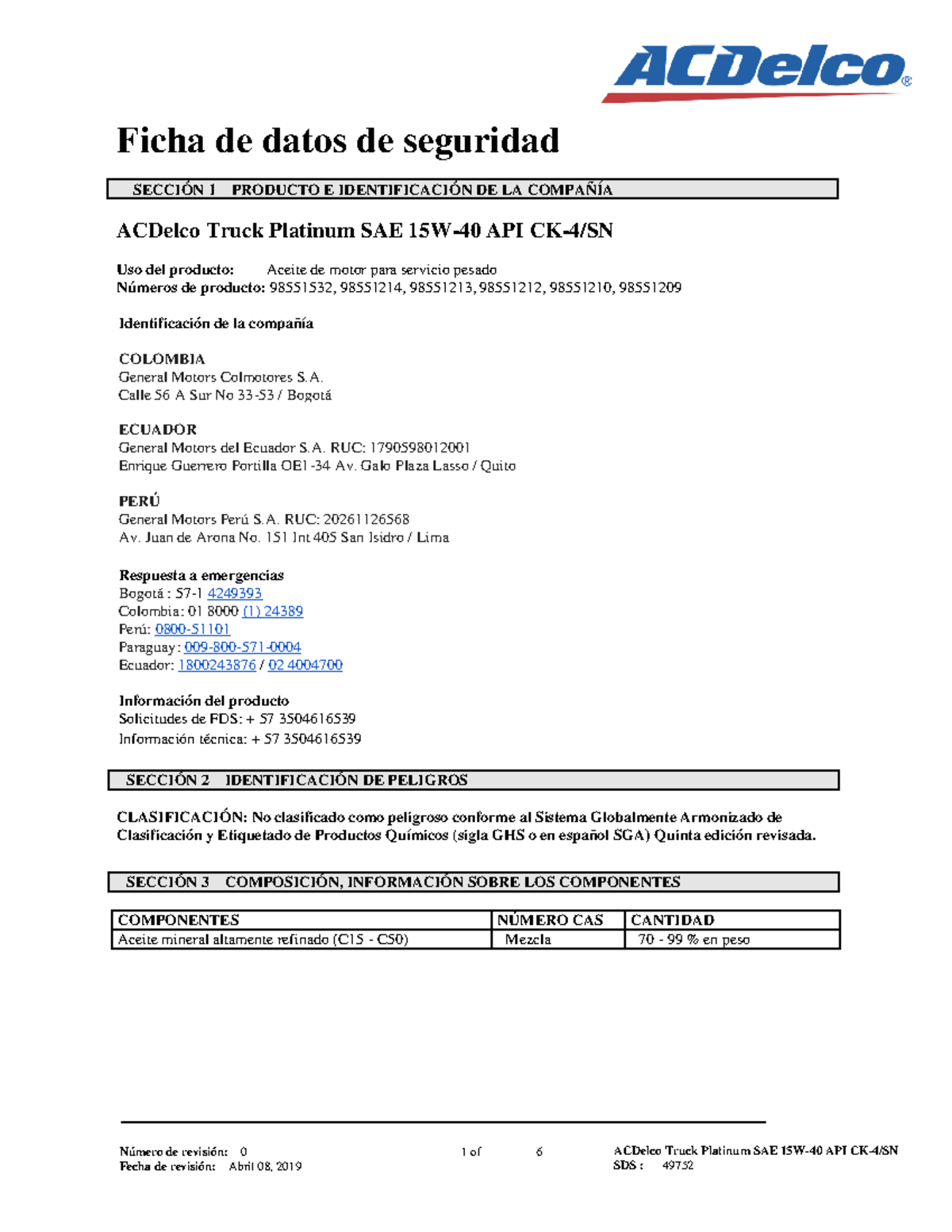 MSDS ACDelco Truck Platinum SAE 15W-40 API CK-4 SN - Número de revisión ...