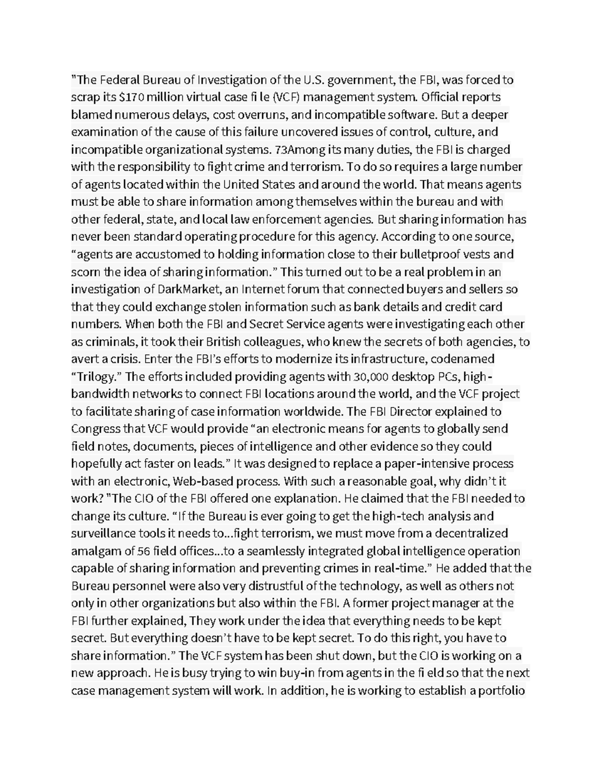 FBI Case - Management Information Systems - "The Federal Bureau of ...